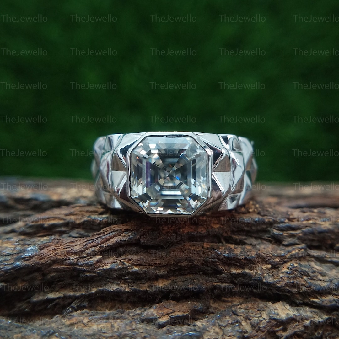Asscher Cut Colorless Moissanite Mens Ring, Brilliant Asscher Bezel Set Engagement Ring, Classic ...