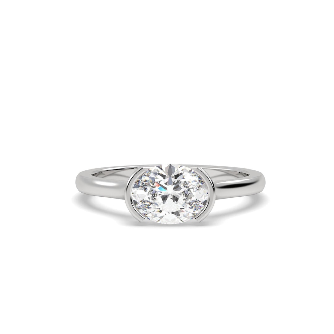 Oval Half Bezel Engagement Ring, Solitaire East West Oval Cut Ring, 2 ...