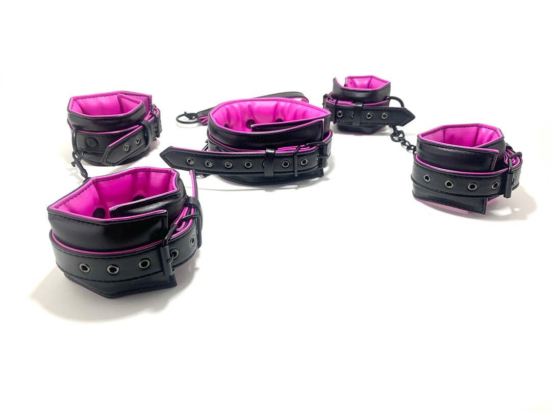 Luxury Handcuffs and Ankle Cuffs Set, Collar and Leash, Purple Black ...