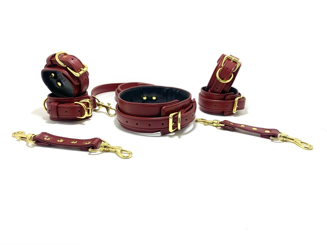 Luxury Brown Red Restraint Set, BDSM Gear Set, Handcuffs and Leg Cuffs ...