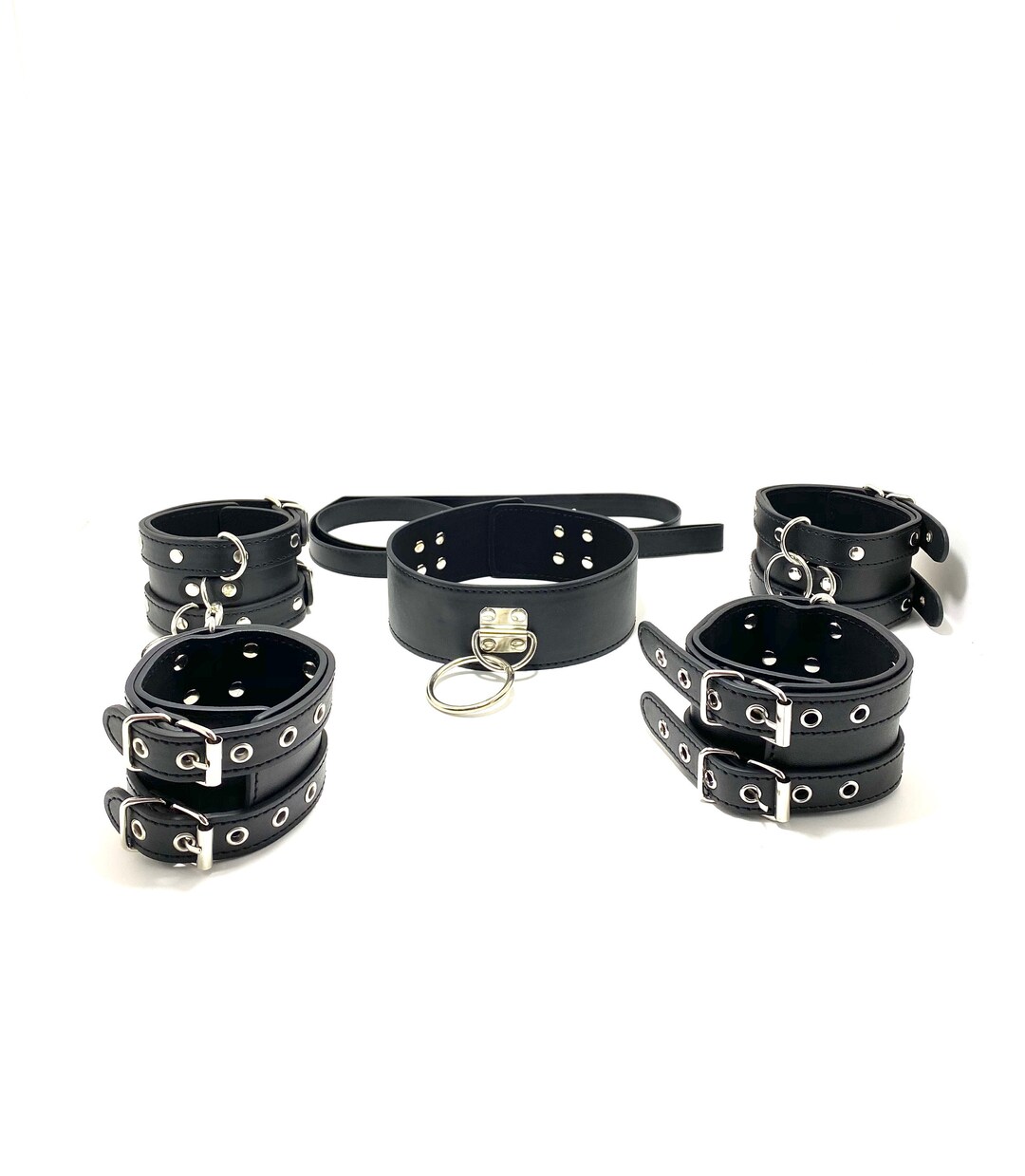 Double Straps Restraint Set, Ankle and Handcuffs, Collar With Eyelets ...