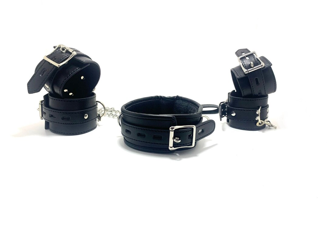 Black Restraint Set, BDSM Gear Set, Handcuffs and Leg Cuffs, Collar and ...