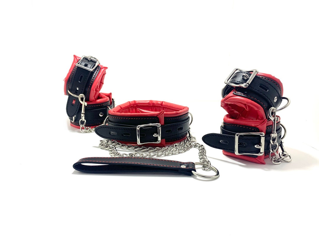 Luxury Handcuffs and Ankle Cuffs Set, Collar and Leash, Red Black ...