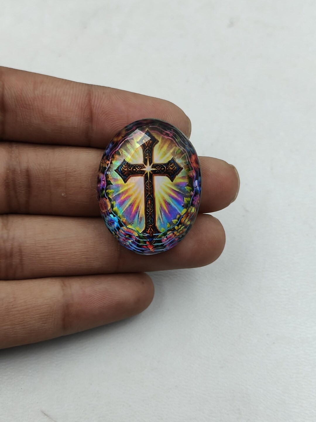 Beautiful Cross Painting Crystal Doublet Cabochon, Attractive Flashy ...
