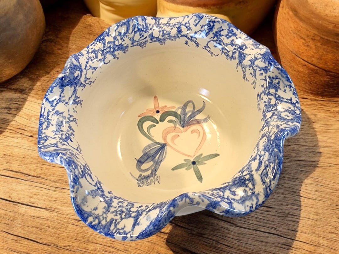 Ellis Pottery Handcrafted Bowl, Signed, Spongeware, Hearts, Scalloped ...