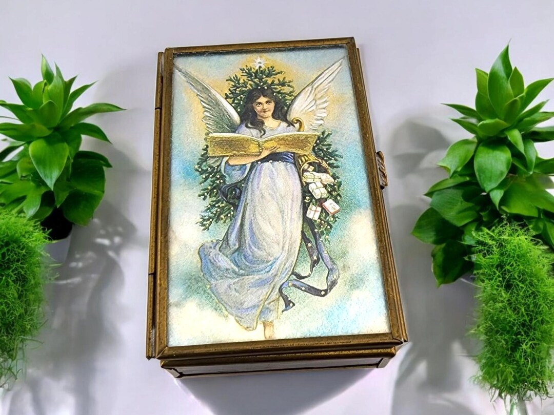Brass and Stained Glass Footed Angel Trinket Box, Thomas Cathey, Angel ...
