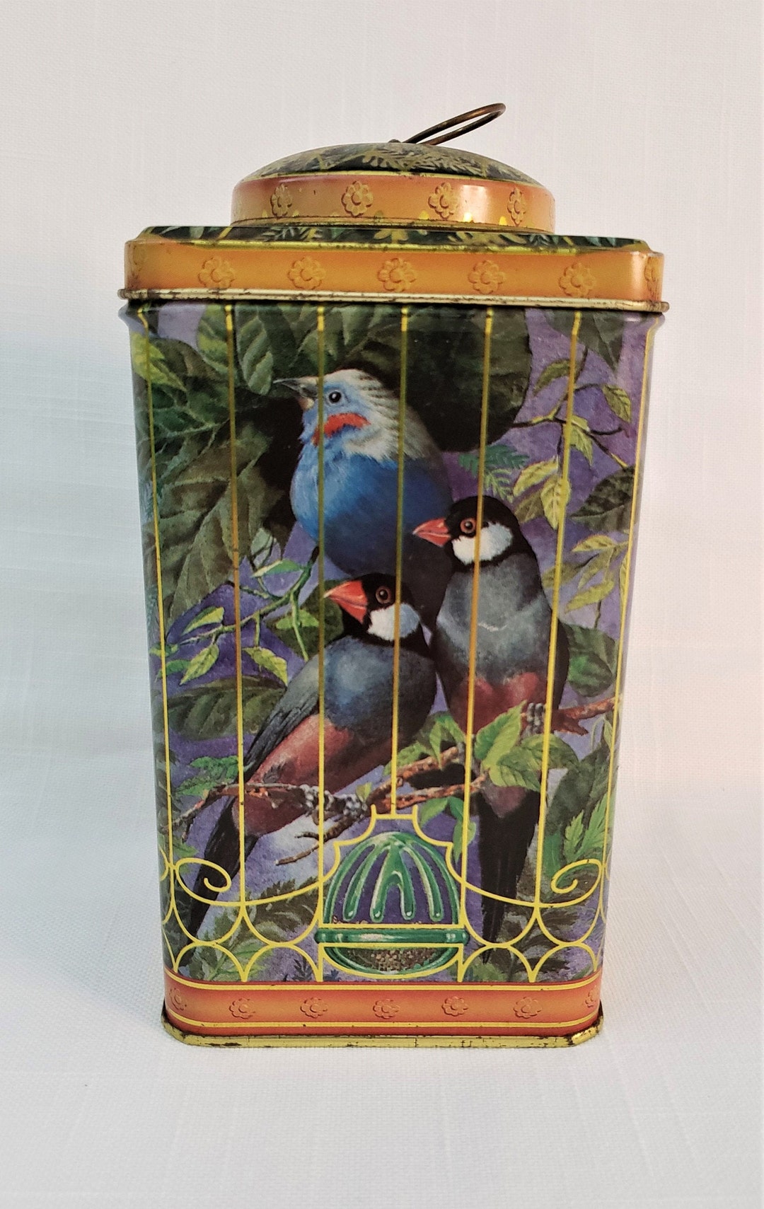 Vintage Bird Tin With Finial, SCC Tin, Birds in Cage, Birds on 4 Sides ...
