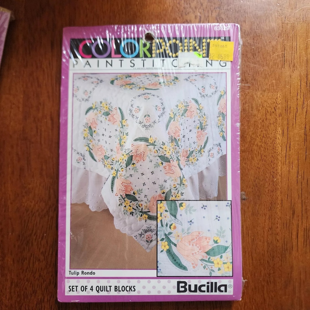 Vintage BUCILLA Quilt Blocks “TULIP RONDO” Colorpoint Paint Stitching ...