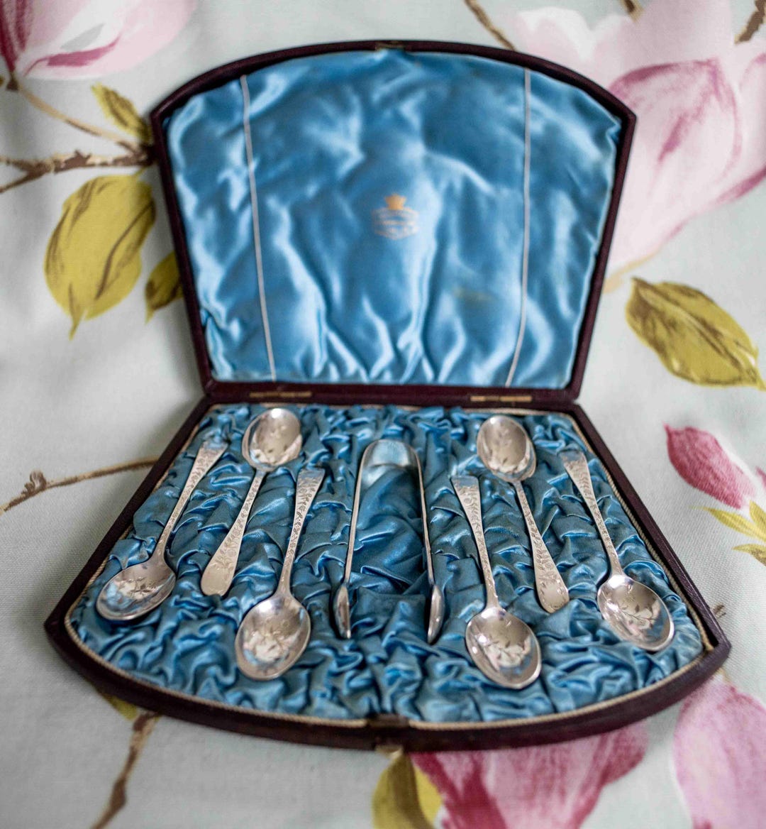 Stunningly Engraved Sterling Silver Tea Spoons and Sugar Nips, 1884, by ...