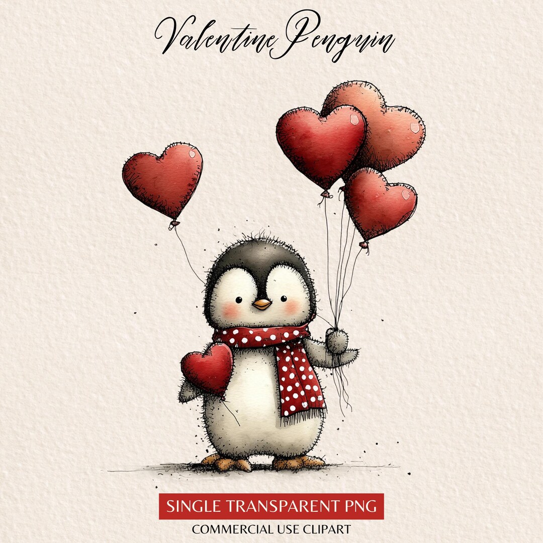 Valentine Penguin Clipart | Cute Watercolor Animal PNG | Heart Balloon ...