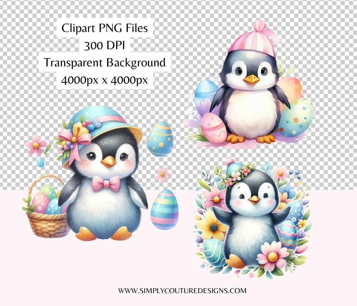 Watercolor Easter Penguin Clipart Bundle: Commercial Use (digital ...