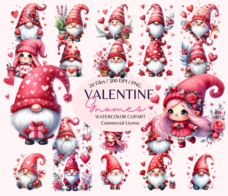 20 Cute Valentine Gnomes Clipart Bundle, Perfect for Valentine's Day ...