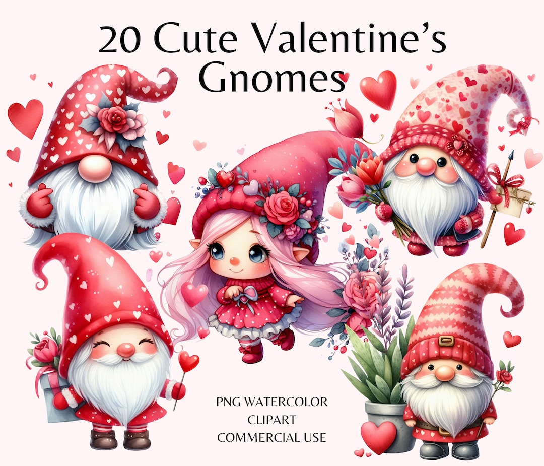 20 Cute Valentine Gnomes Clipart Bundle, Perfect for Valentine's Day ...