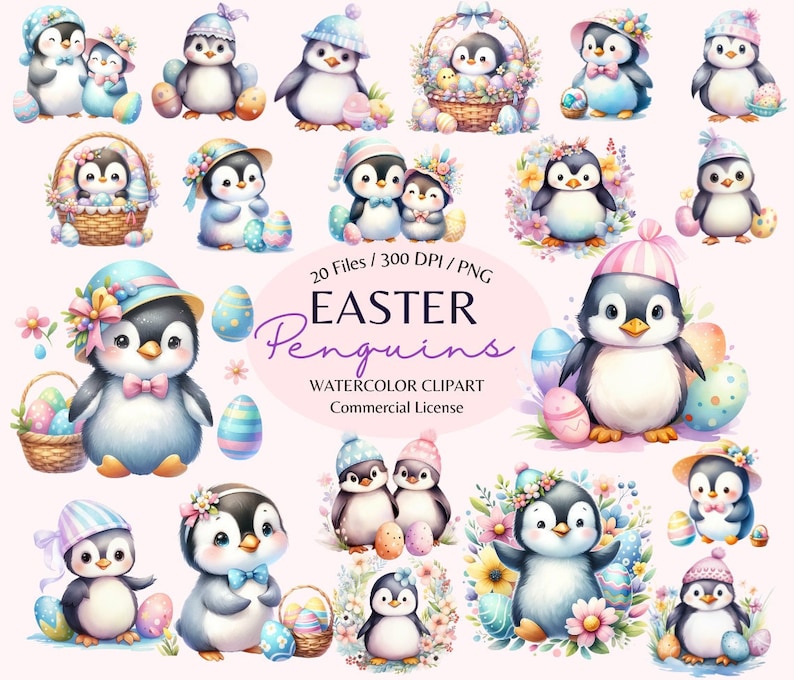 20 Watercolor Clipart Easter Penguin Clipart Bundle, Ideal for Easter ...
