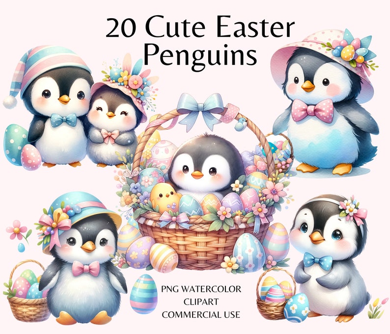 Watercolor Easter Penguin Clipart Bundle: Commercial Use (digital ...