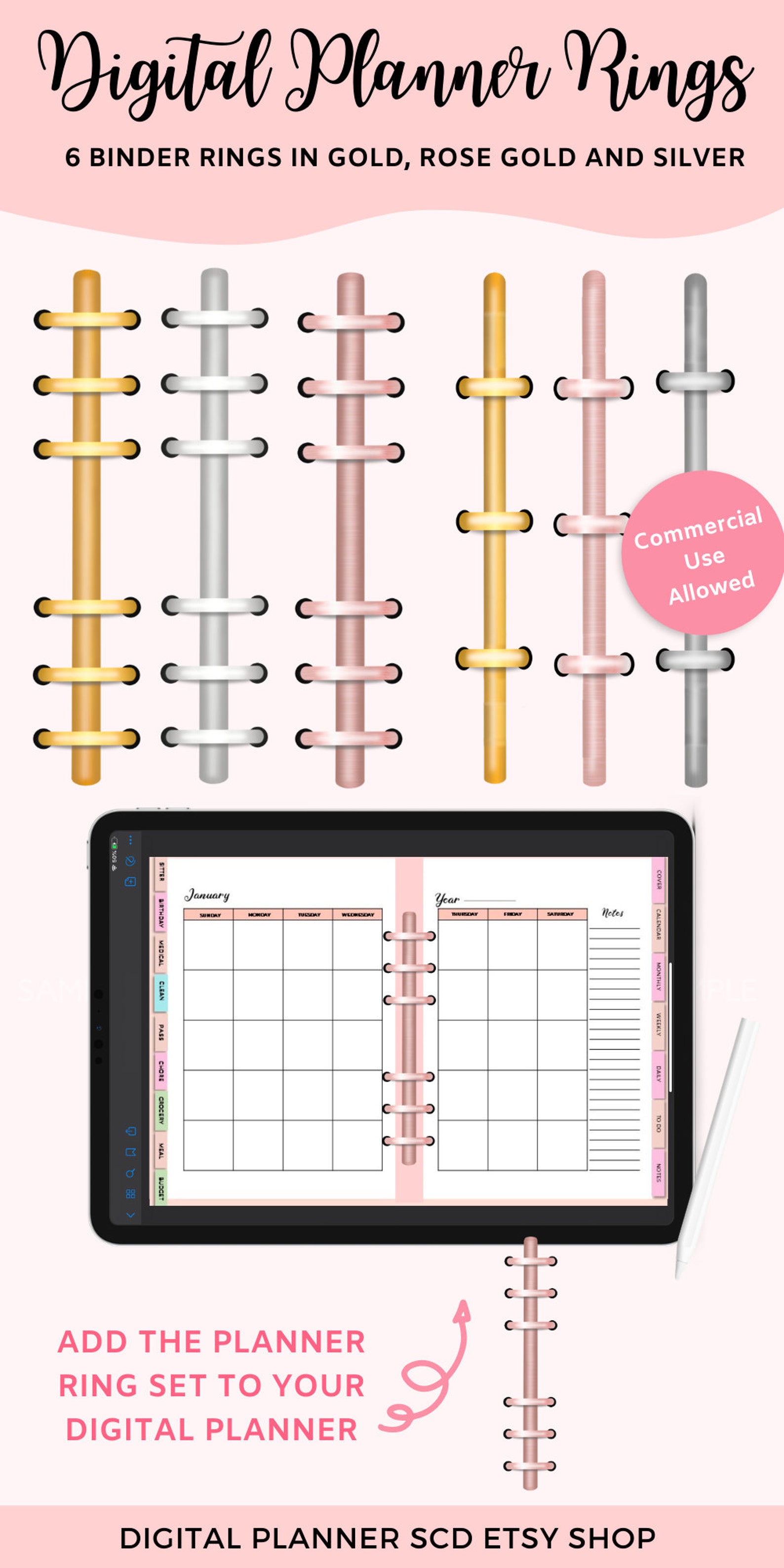 Digital Planner Binder Rings in Rose Gold, Silver and Gold Colors ...