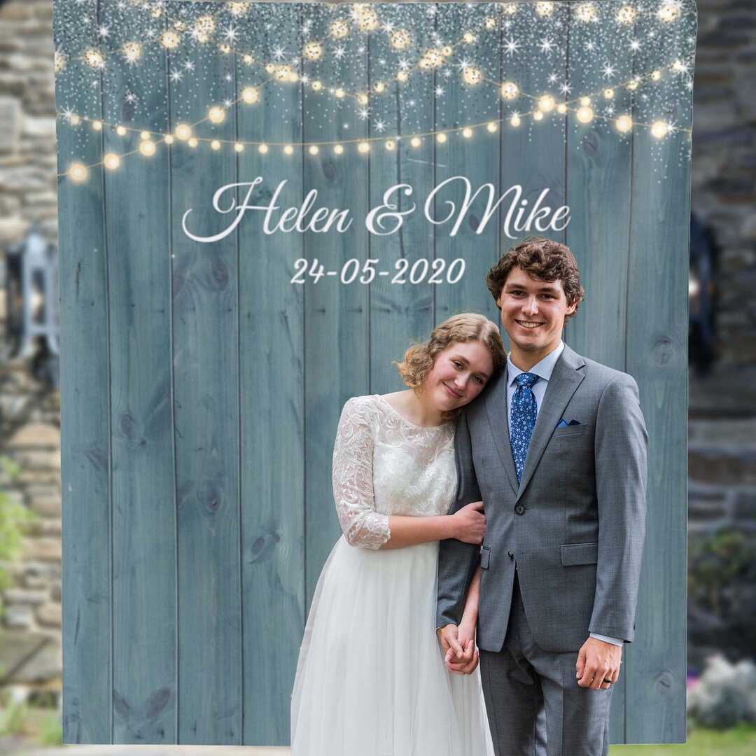 Dusty Blue Wedding Backdrop for Reception Cascading Lights Banner Slate ...