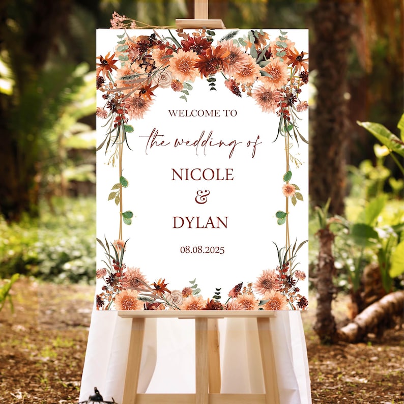 Printed Terracotta Flower Wedding Sign Autumn Floral Engagement Welcome ...