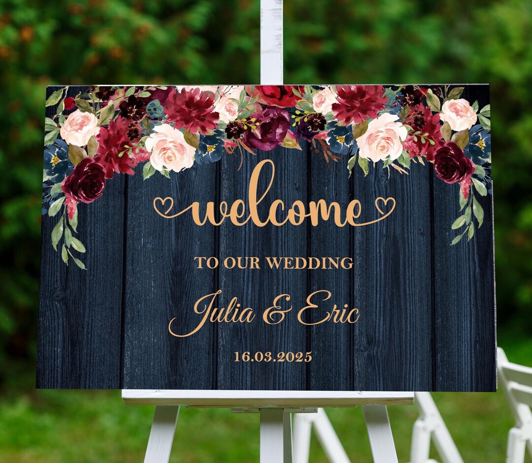 Printed Navy Burgundy Wedding Sign Rustic Engagement Poster Navy ...