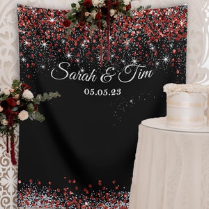Wedding Photo Backdrop Red Silver Glitter Engagement Banner Custom ...