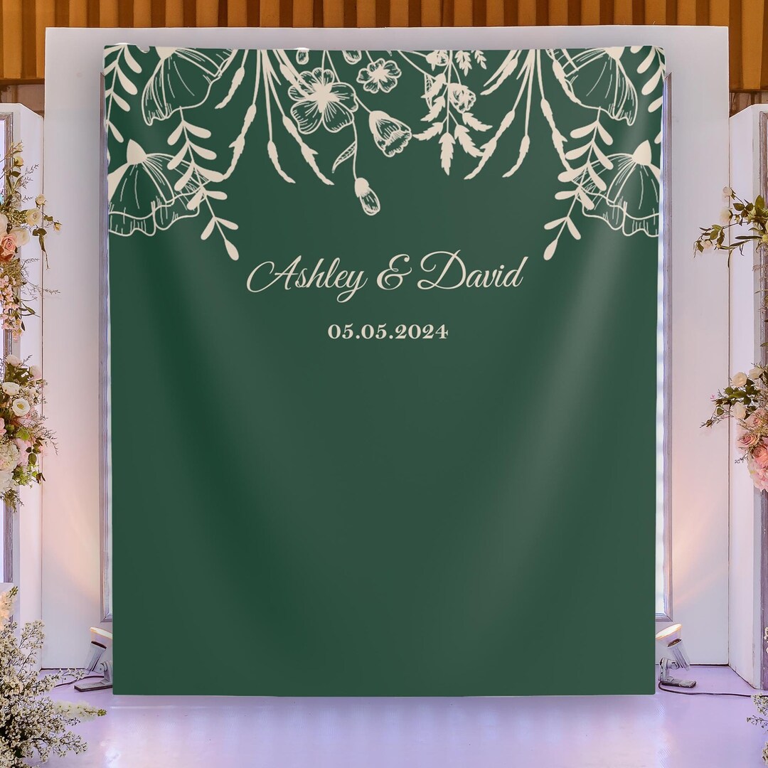 Dark Green Wedding Photo Backdrop Personalized Botanical Wedding Banner ...