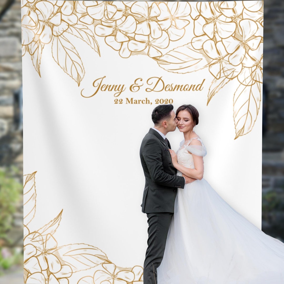White and Gold Wedding Backdrop, Gold Leaves Decor, Custom Engagement ...