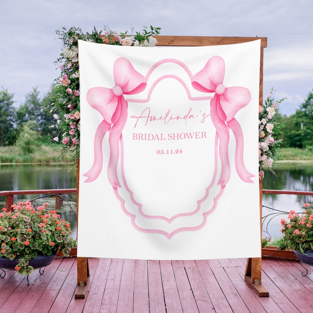 Pink Bow Bridal Shower Backdrop Watercolor Ribbon Bachelorette Party ...