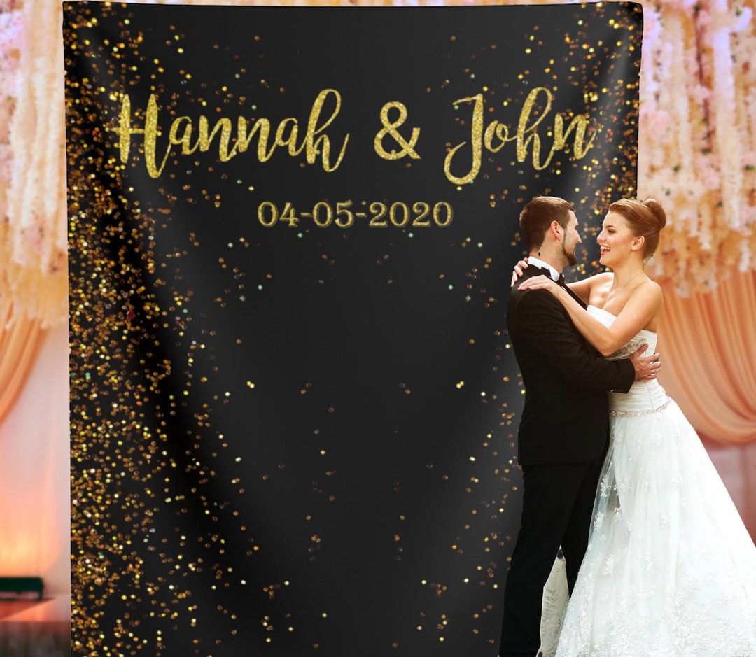 PERSONALIZED Black Gold Wedding Reception Backdrop Elegant Midnight ...