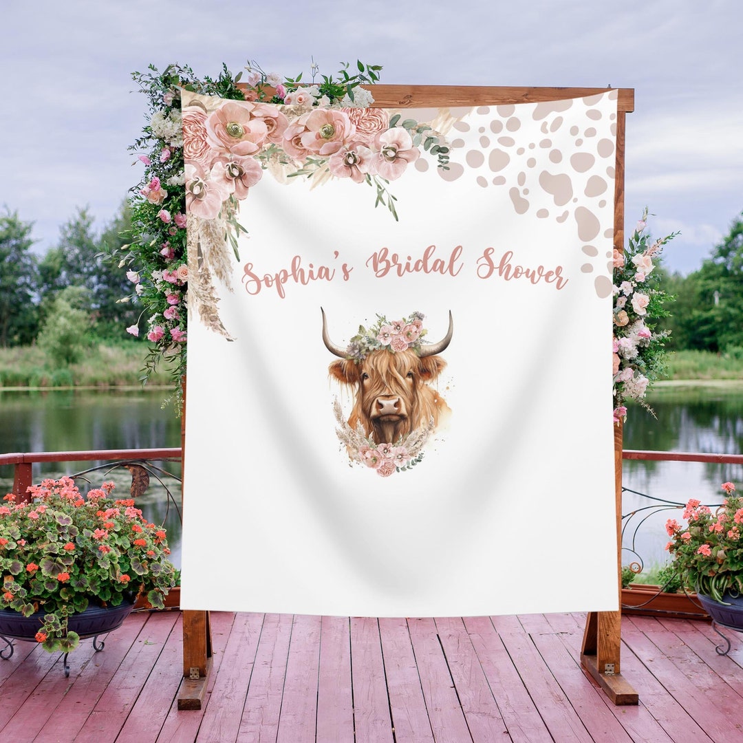 Highland Cow Bridal Shower Backdrop Boho Pampas Grass Bachelorette ...