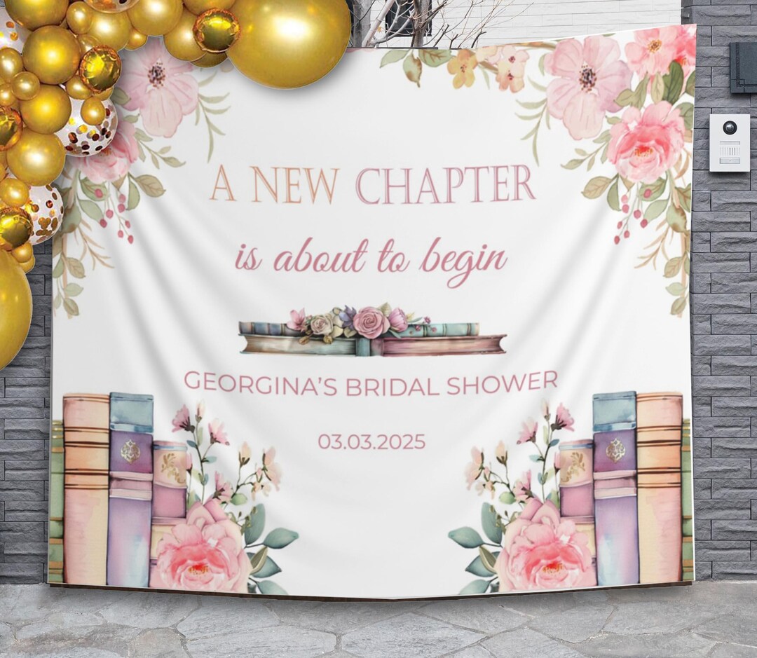 New Chapter Bridal Shower Backdrop Pink Floral Book Theme Bachelorette ...