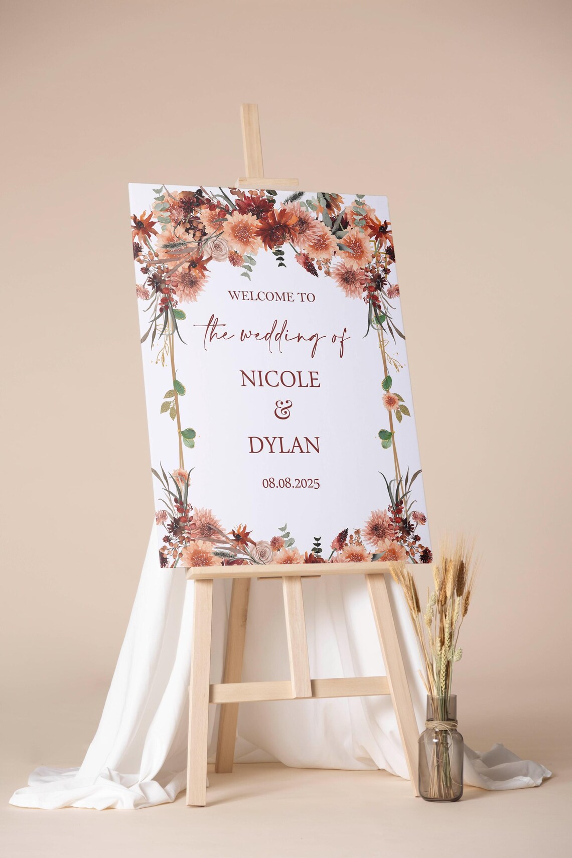 Printed Terracotta Flower Wedding Sign Autumn Floral Engagement Welcome ...