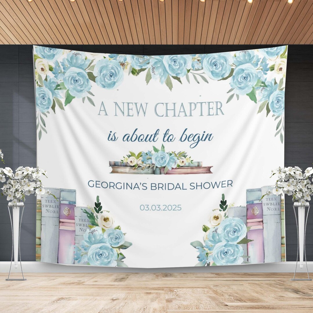 Blue Floral Backdrop New Chapter Bridal Shower Banner Book Theme ...