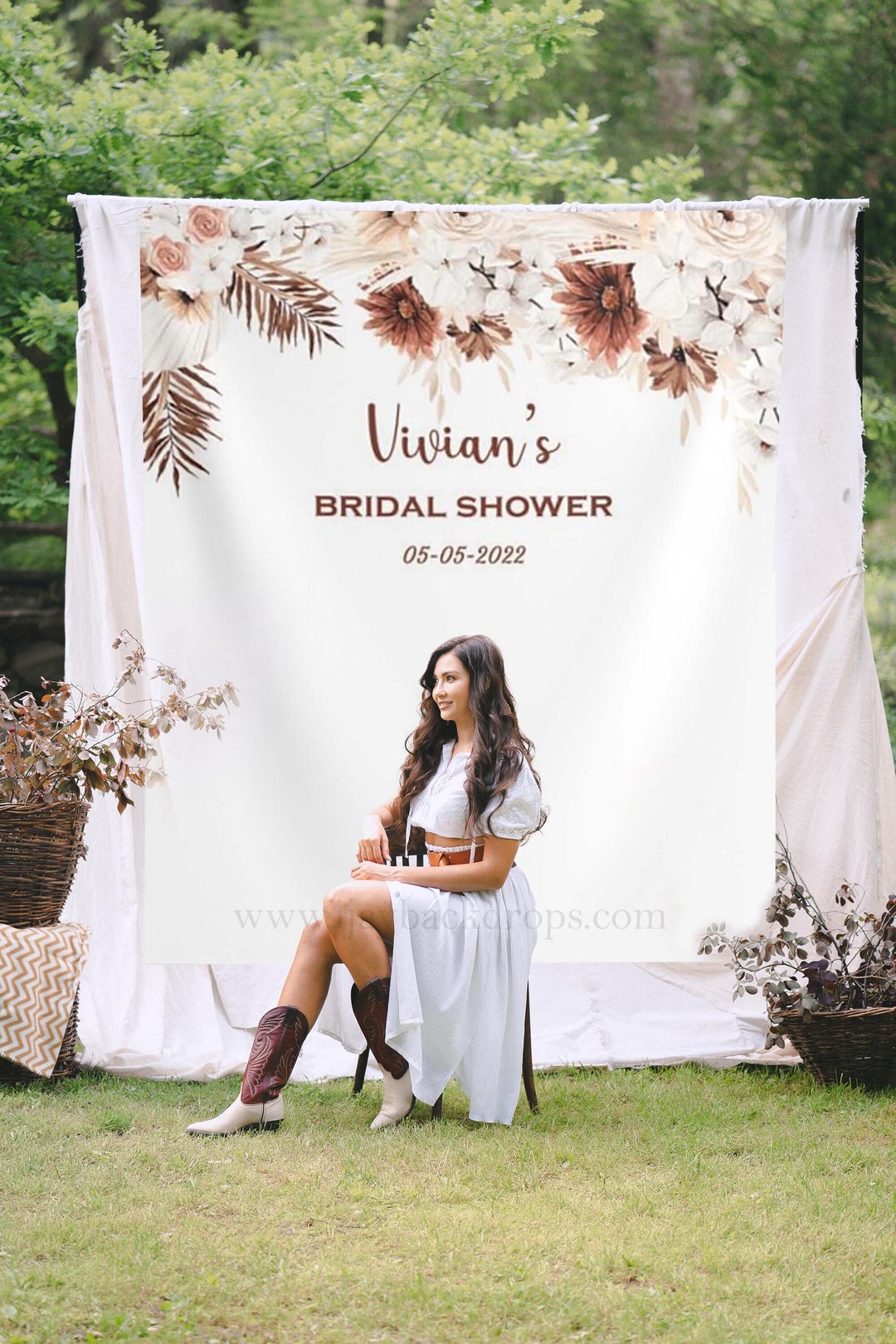 Boho Bridal Shower Backdrop Modern Floral Terracotta Engagement Banner ...