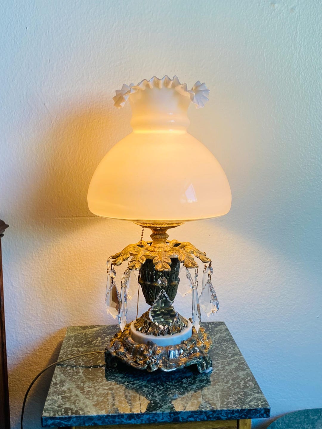Vintage Hurricane Parlor Table Lamp – Gold Floral With Hanging Prisms ...
