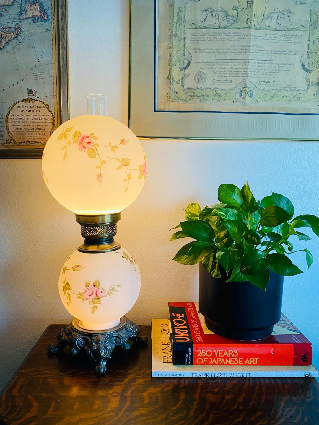 Vintage Hurricane Lamp | Floral Glass Table Lamp | Hand Painted Lamp ...