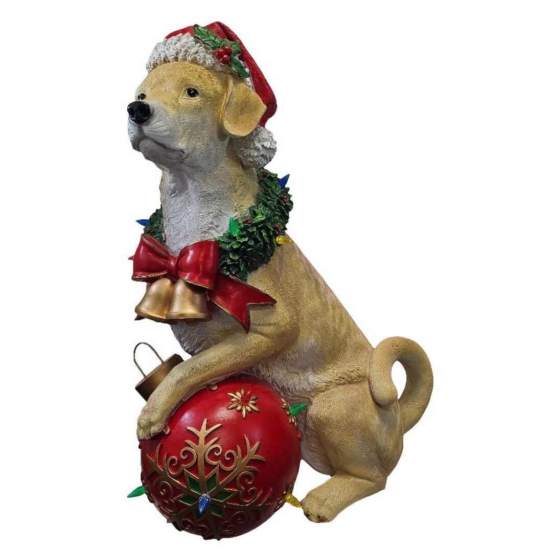Resin Christmas Holiday Family Beige Dog With LED Ornament Wreath 30 ...