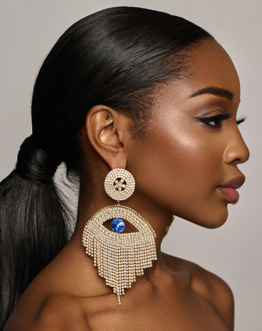 Gorgeous Asymmetrical Evil Eye Rhinestone Tassel Statement Stud ...