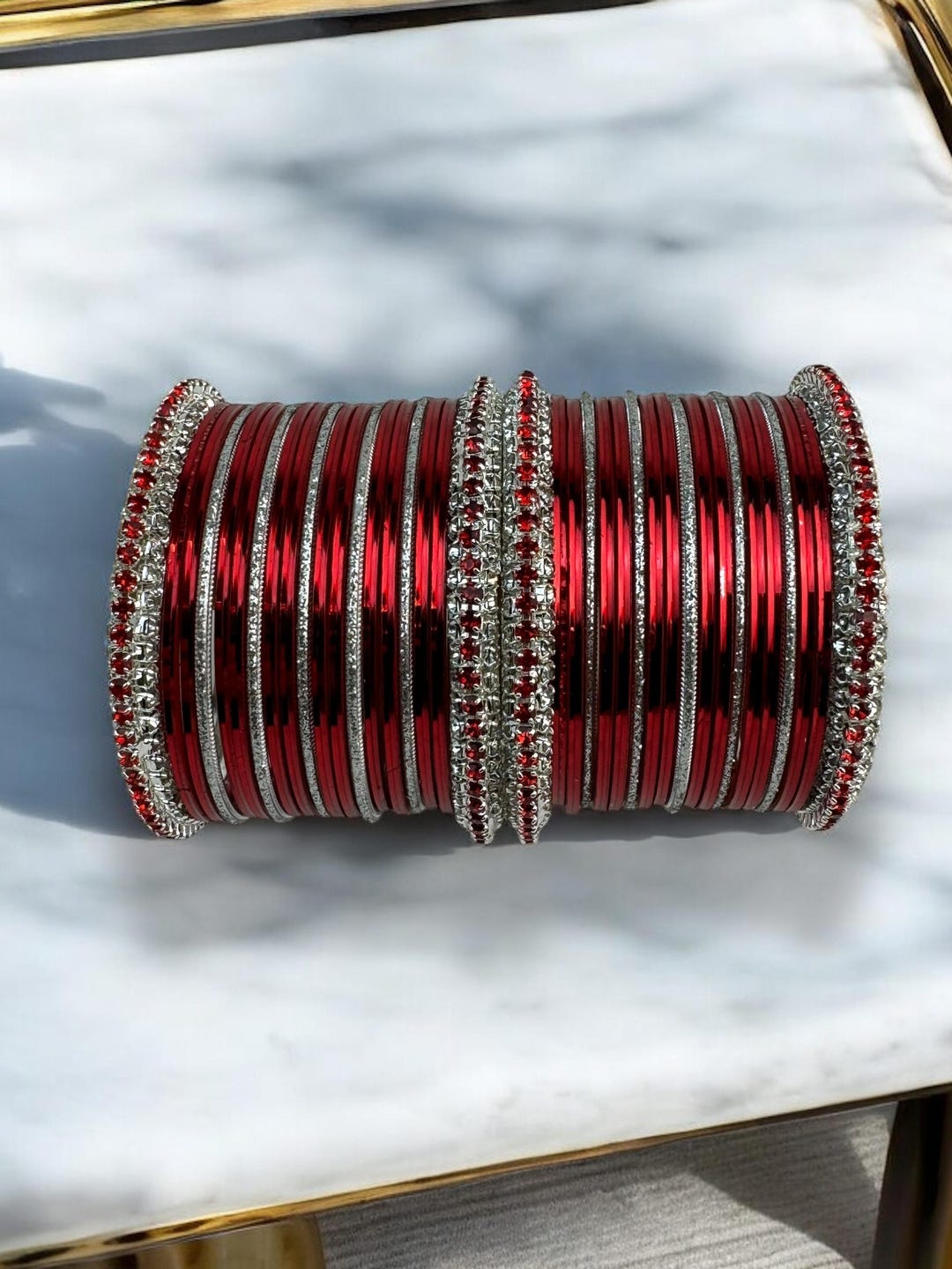 Chain Churi Red + Silver Crystal Bangle Set - Indian Jewellery - Etsy