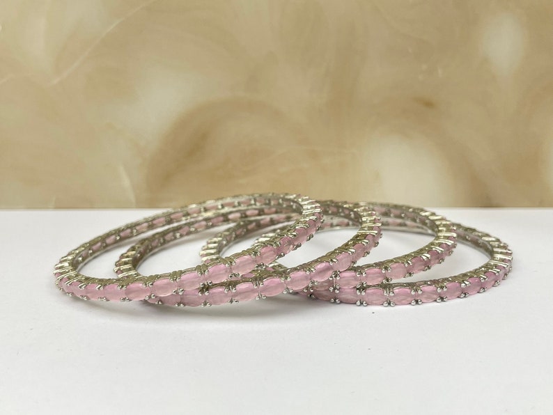 American Diamond Thin Elongated Silver & Baby Pink Churi Set - Etsy UK