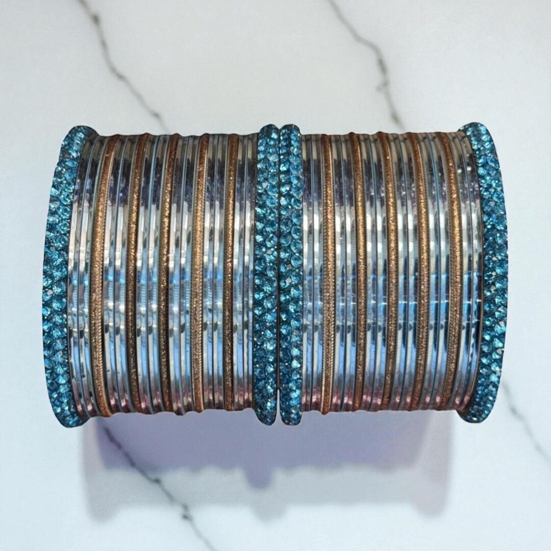 Sky Blue Crystal Bangle Set 38 Piece Indian Bridal Churi Set Light Blue ...