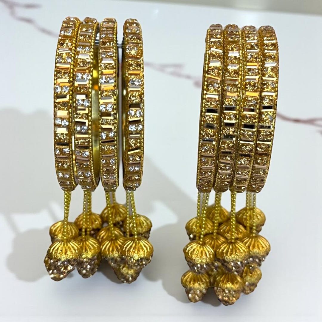 Gold and White Droplet Churi Bangles, Set of 4, Handmade Indian Jewelry ...