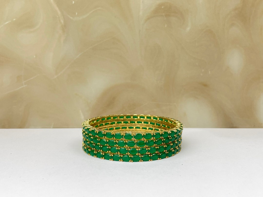 American Diamond Thin Elongated Gold & Green Churi Set - Indian ...