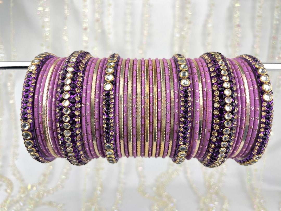 Lilac, Gold and Silver Round Meena Crystal Bangle Set - Indian ...