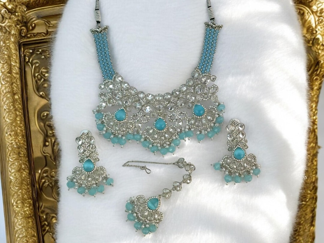 Sky Blue Silver Indian Bridal Jewellery Set Zirconia Necklace Earrings ...