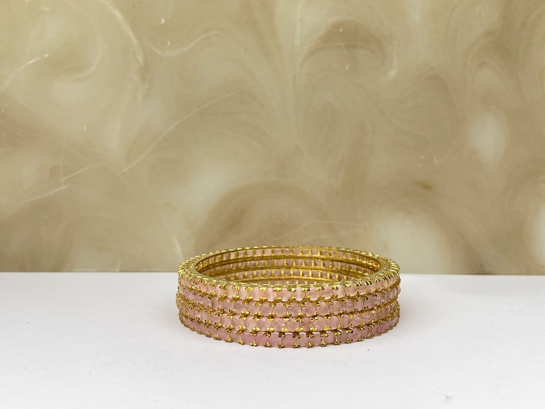 American Diamond Thin Square Gold & Baby Pink Churi Set - Indian ...