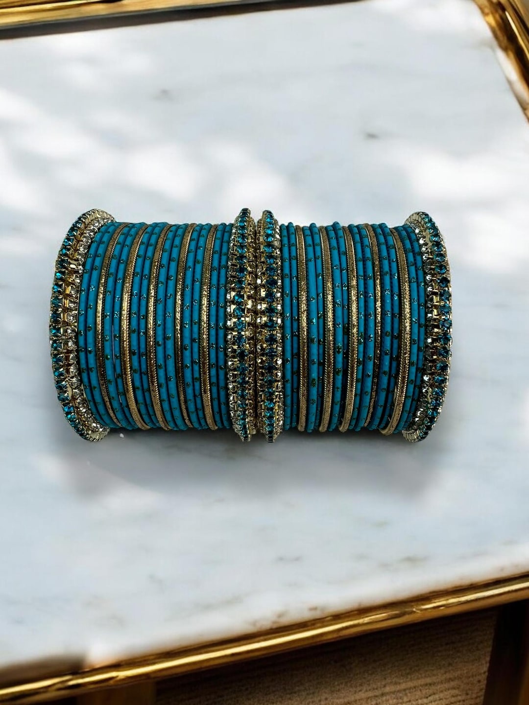 Chain Churi Firozi + Gold Crystal Bangle Set - Indian Jewellery - Etsy