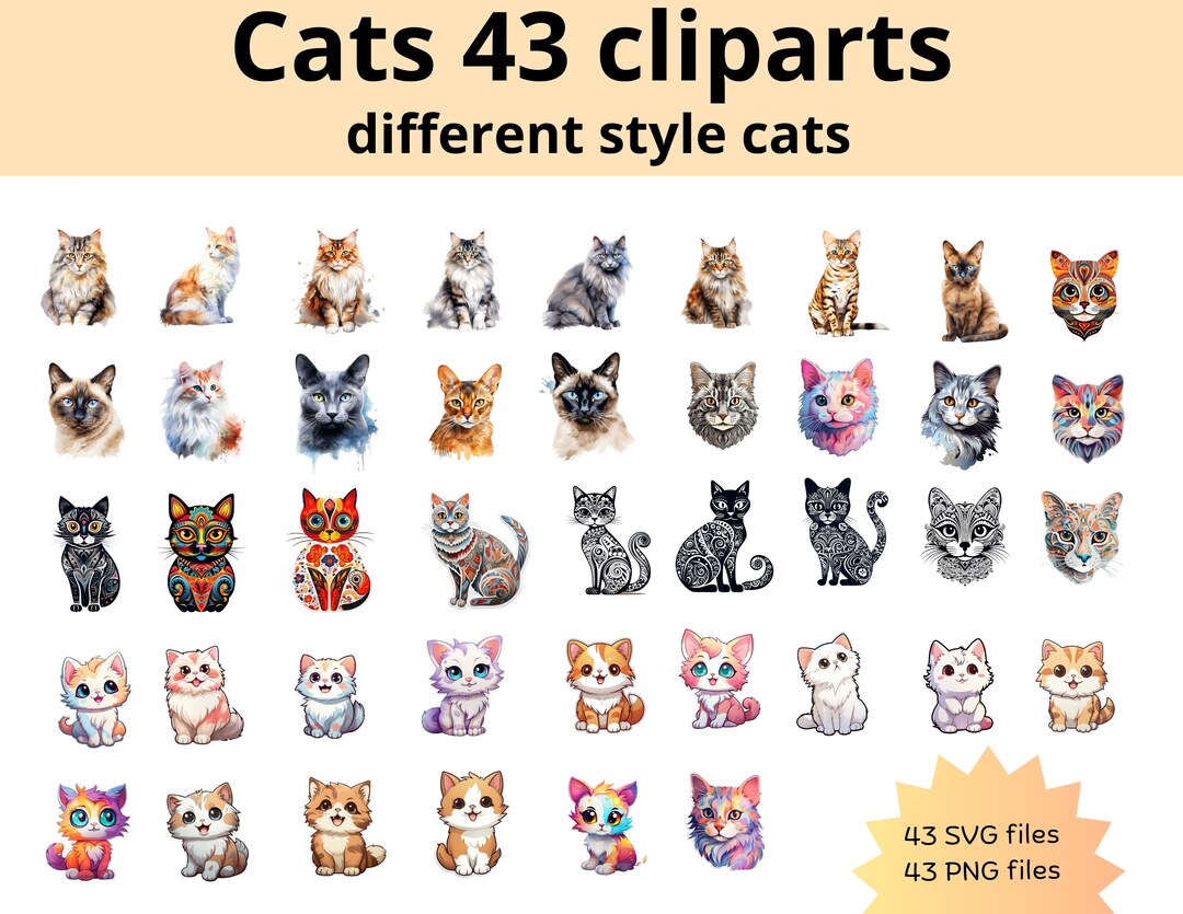 43 Cats Clipart's Different Styles - Etsy