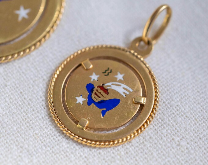 Vintage Italian 18 Karat Gold Enamel Italian Aquarius Coin Medallion ...