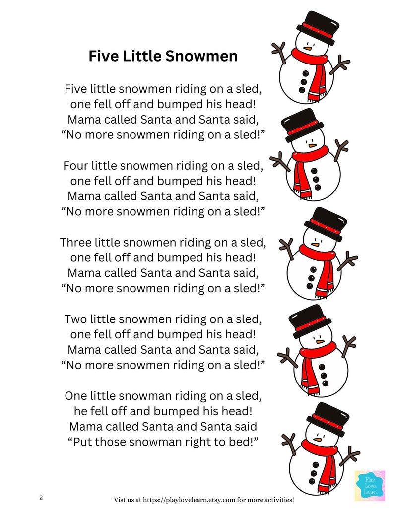 Five Little Snowmen Poem Activity Printout DIGITAL DOWNLOAD Toddler and ...