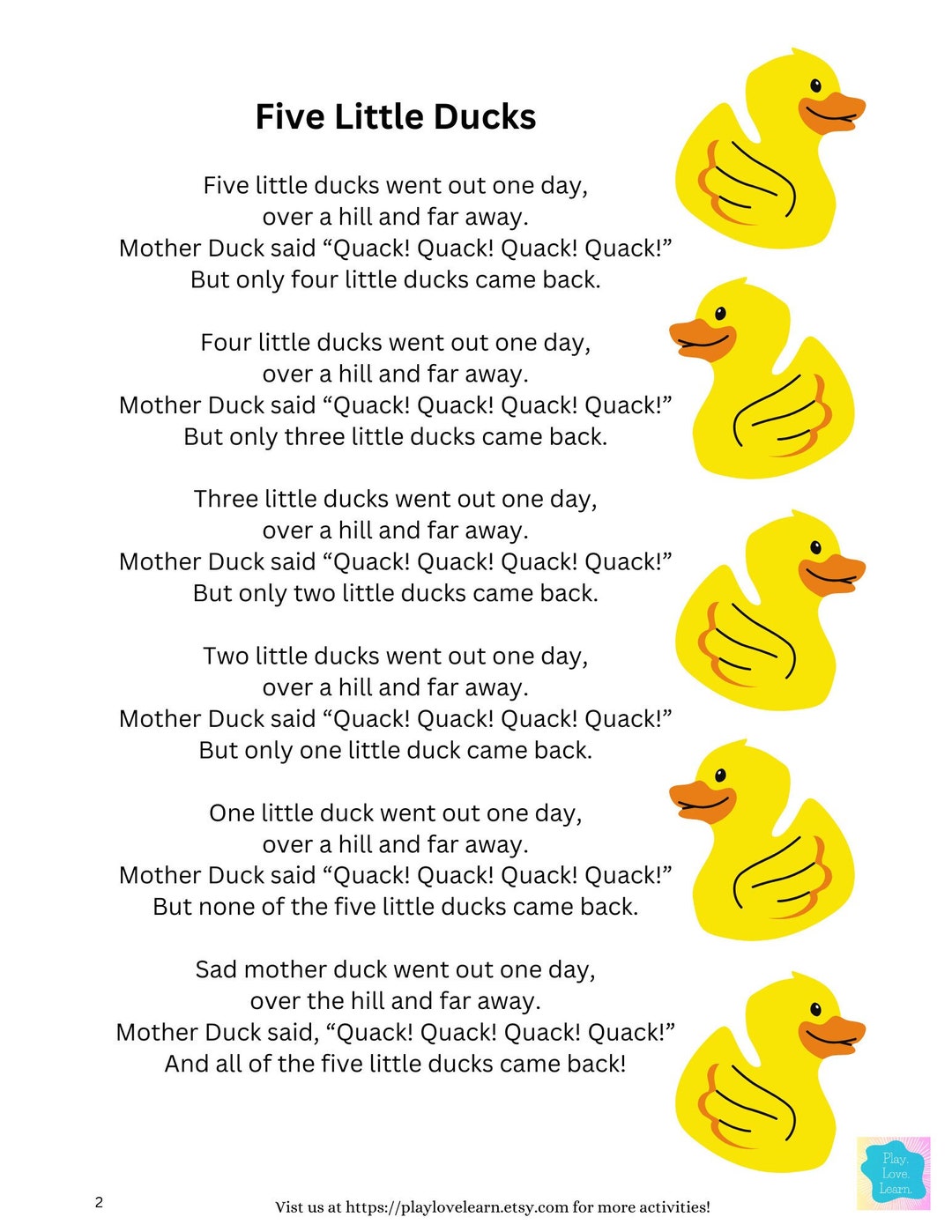 Five Little Ducks Poem Activity Printout DIGITAL DOWNLOAD Toddler and ...
